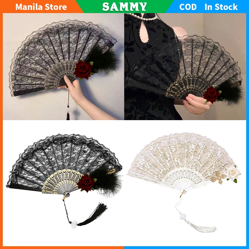 Lace Hand Fan Victorian Gothic Lolita Vintage Black Rose Bamboo Fan ...