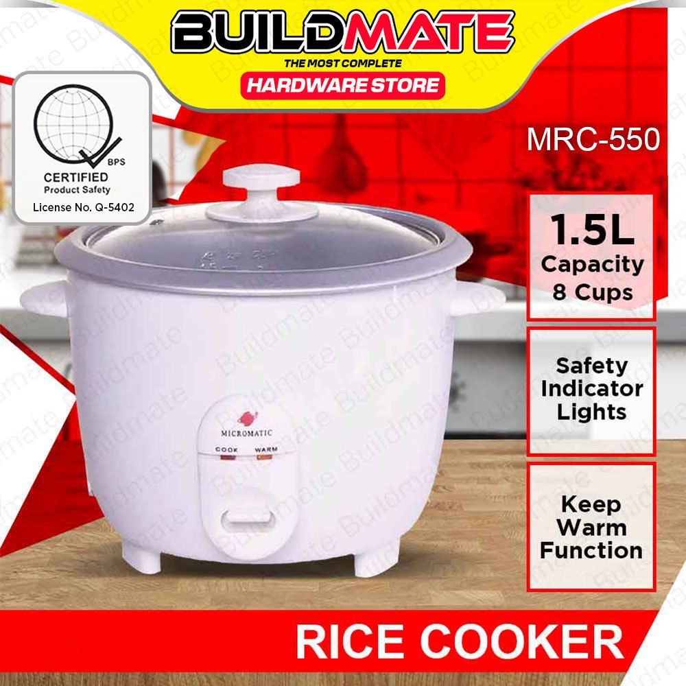 BUILDMATE Micromatic 620W Rice Cooker 1.5L 8CUPS White with Switch ...