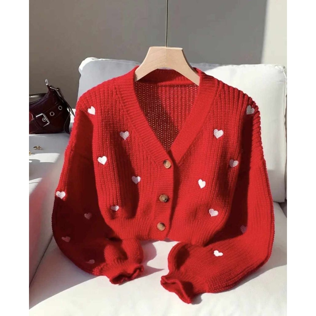 Elegant red heart pattern v neck button cardigan for women | Shopee ...