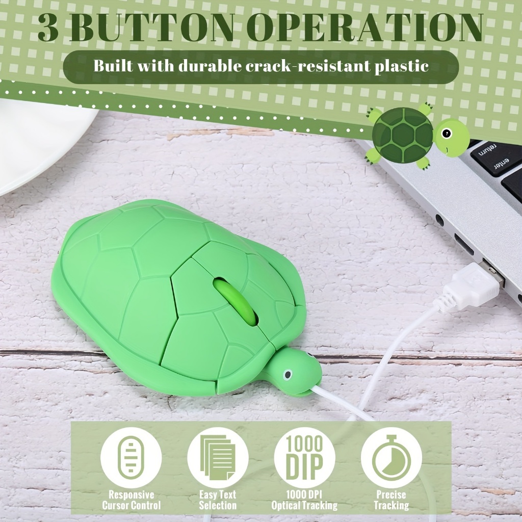 Cute Turtle-Shaped USB Wired Optical Mouse for Laptops 1200 DPI with 3 ...