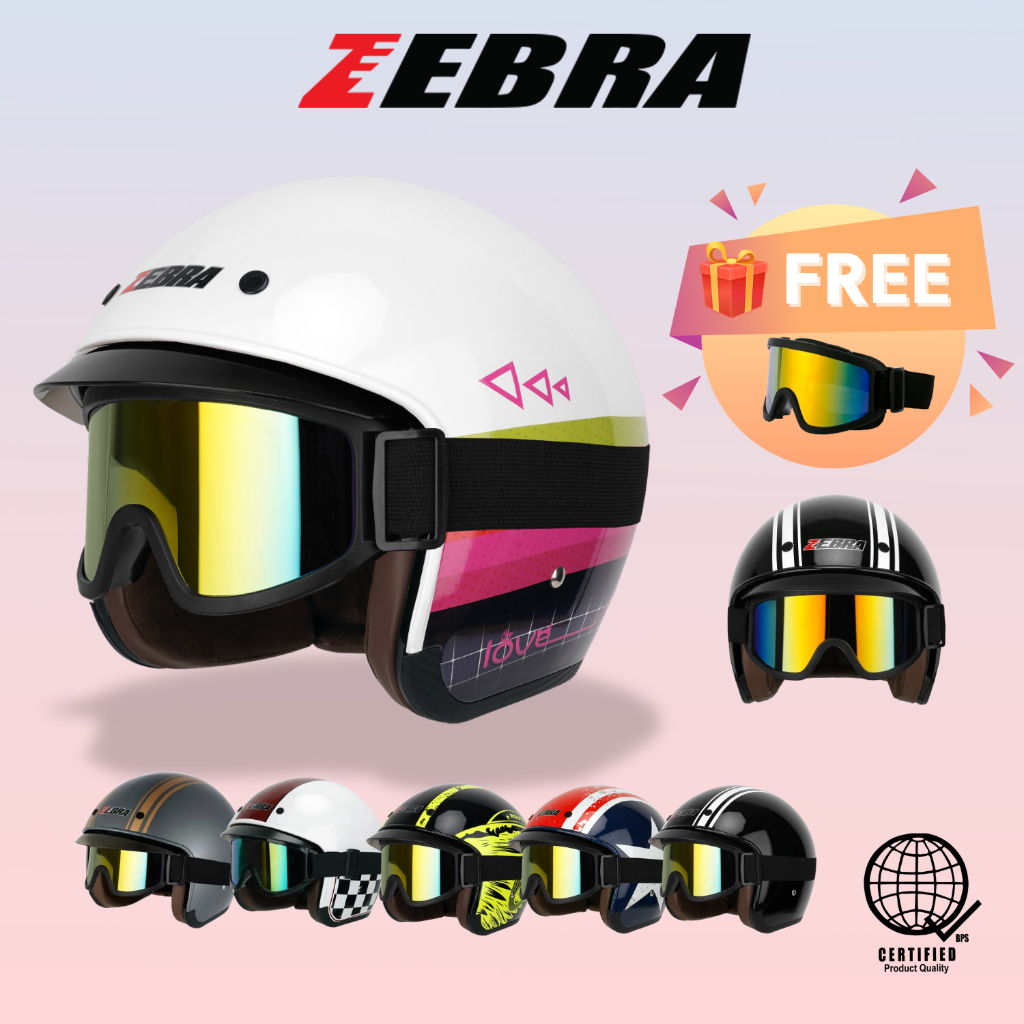 Zebra 603 Vintage Half Face Helmet Motorcycles Single Visor For Couple ...