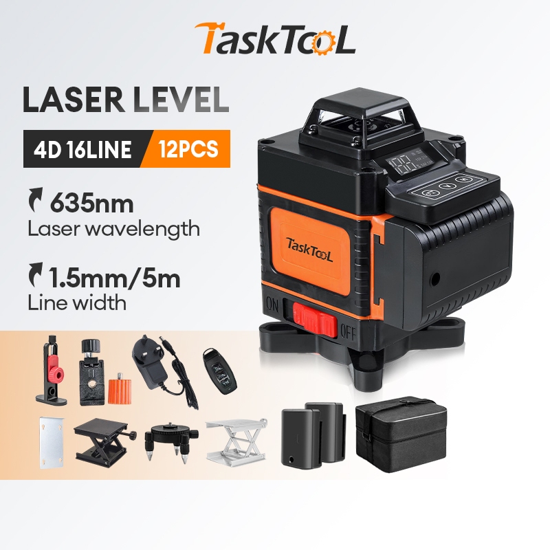 TASKTOOL 4D Laser Level 12/16 Line Self-Leveling 360° Rotary Cross ...