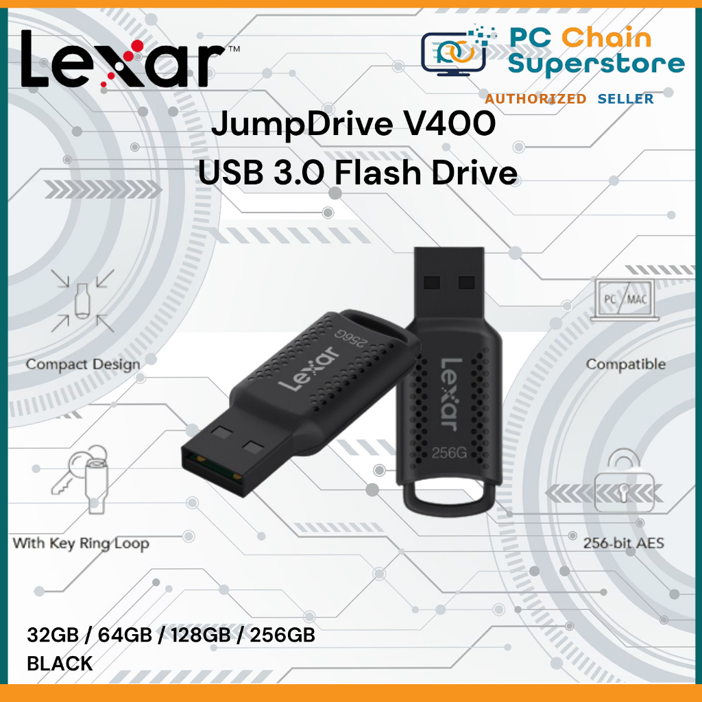 Lexar JumpDrive V400 USB 3.0 up to 100MB/s (32GB /64GB /128GB / 256GB) Flash Drive - Black ...