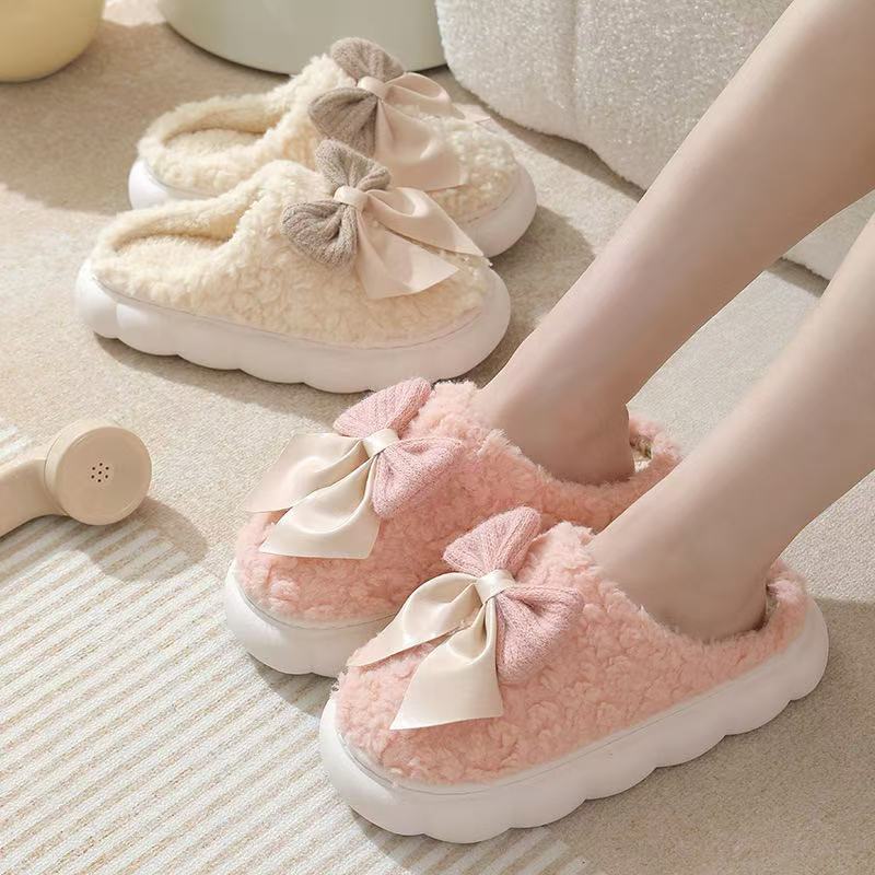 Fashion bow women's cotton slippers indoor anti slip thick soled home ...