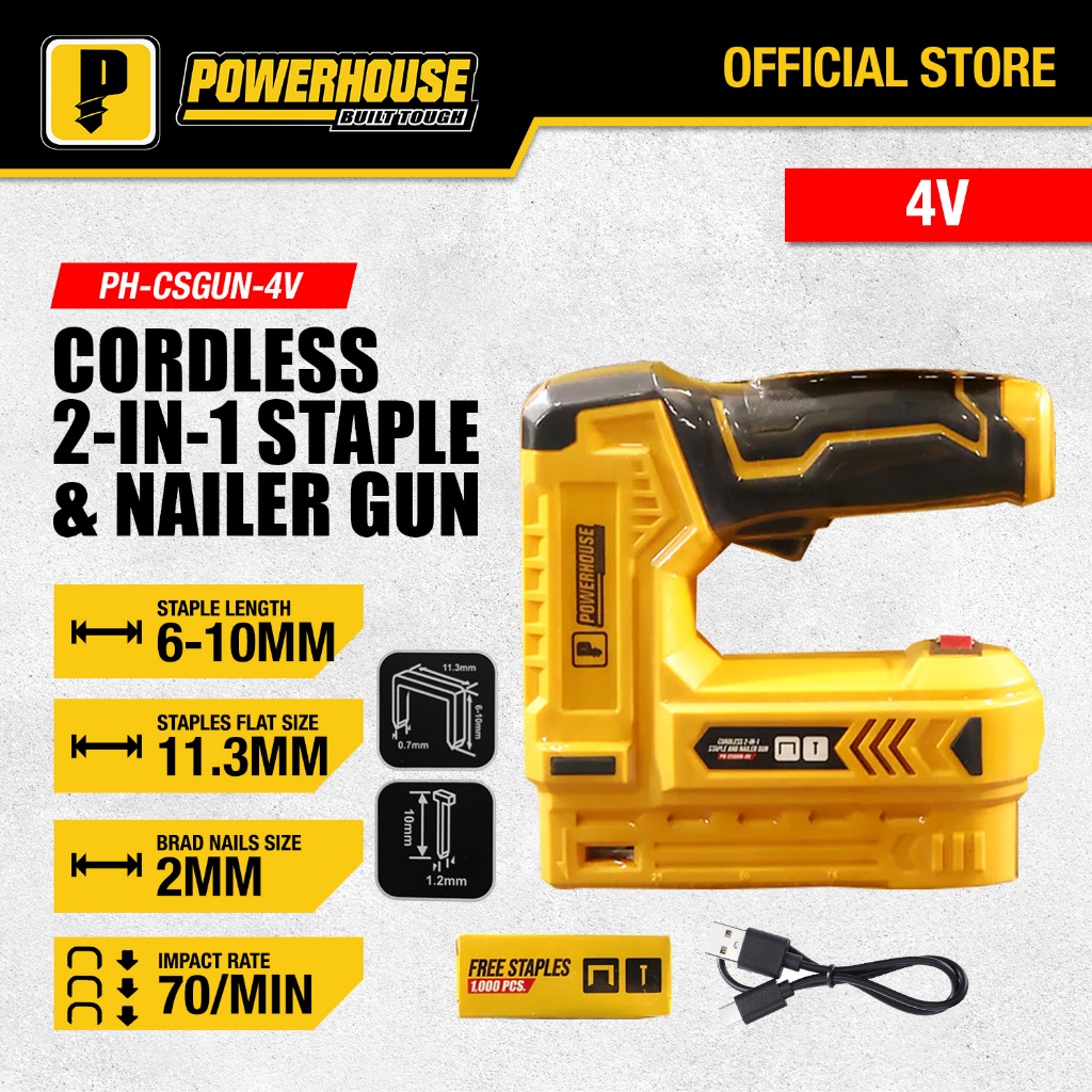 Powerhouse Cordless 2-in-1 Electric Staple and Nail Gun 4V Rechargeable ...
