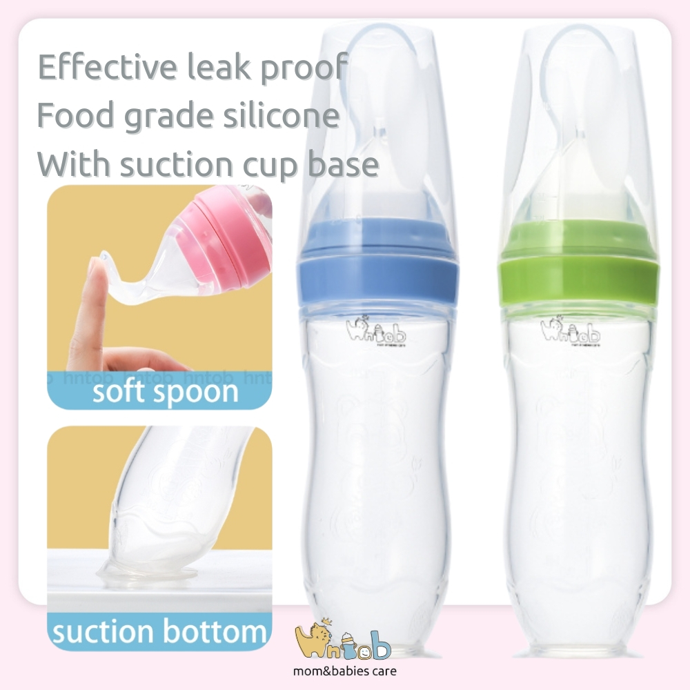 Hntob 120ml Anti-Slip Cereal Sucker Bottle Silicone Spoon Squeeze Baby ...