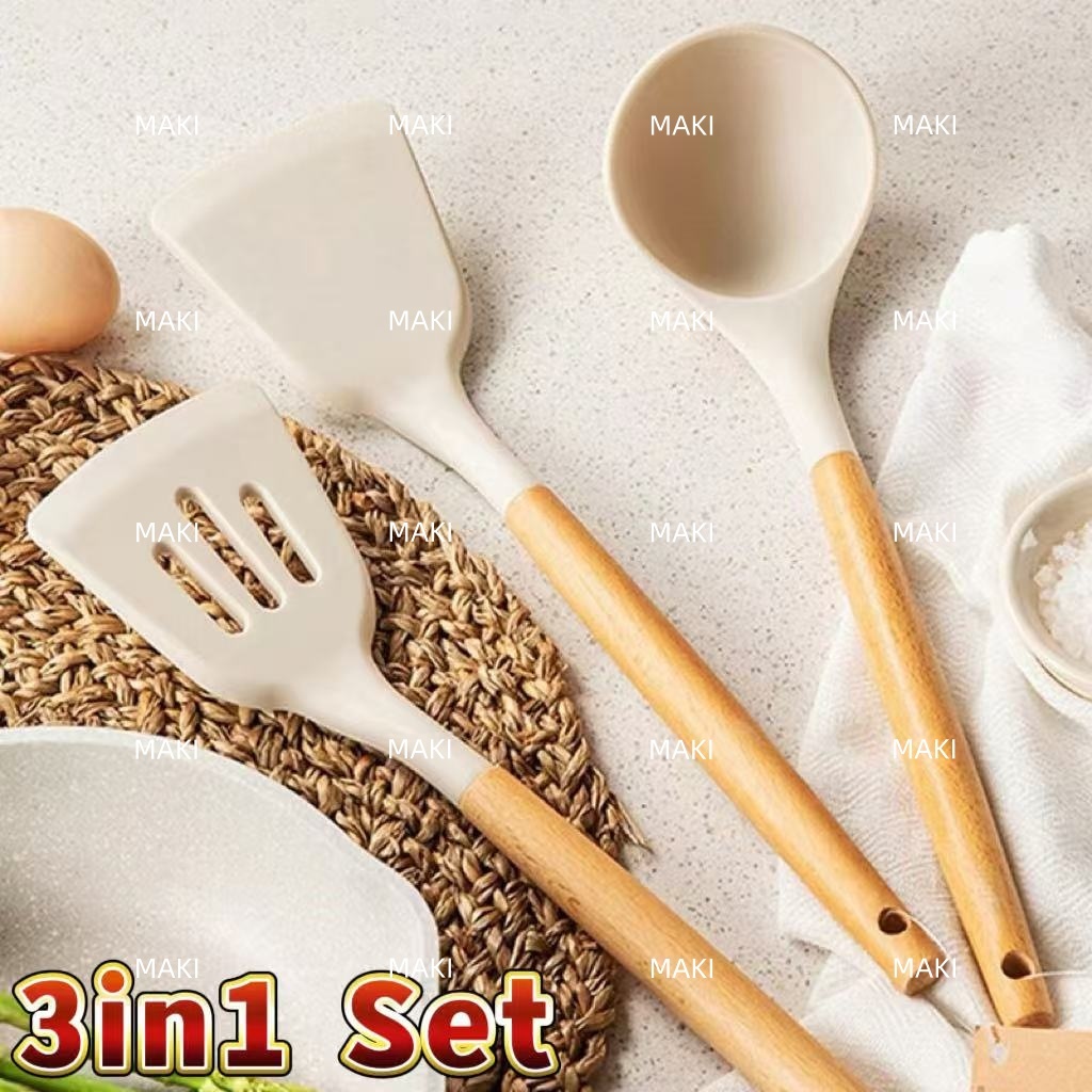 Silicone Kitchen Utensils Set 3pcs Non-Stick Heat Resistant Wooden ...