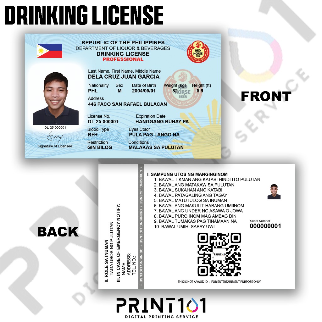 Drinking License Personalized PVC Card (For Entertainment Purposes Only ...