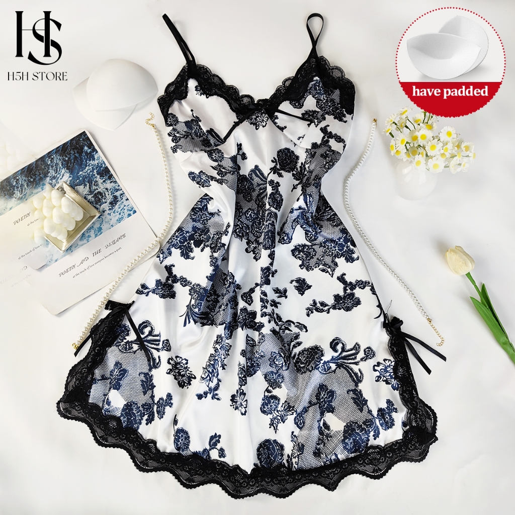 H5H Halter Nighties Sleepwear Sexy Honeymoon Ice Silk Lace Sleeveless ...