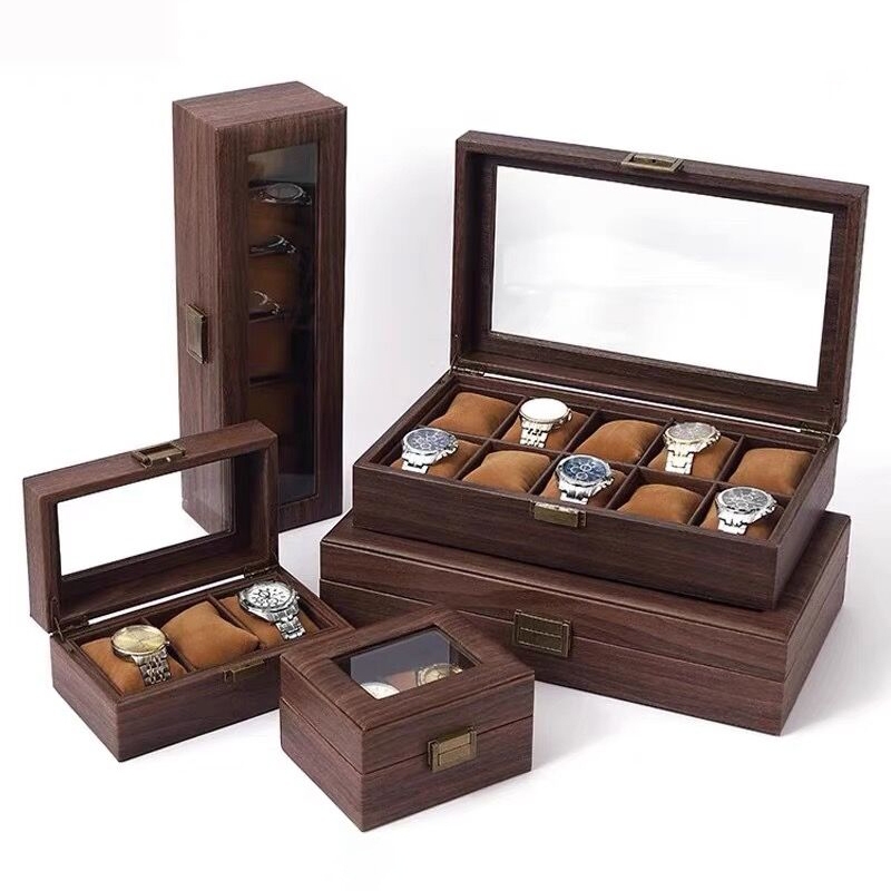 10 Slots Watch Storage Box Wood Dust Proof Glass Cover Apple Watch Box ...