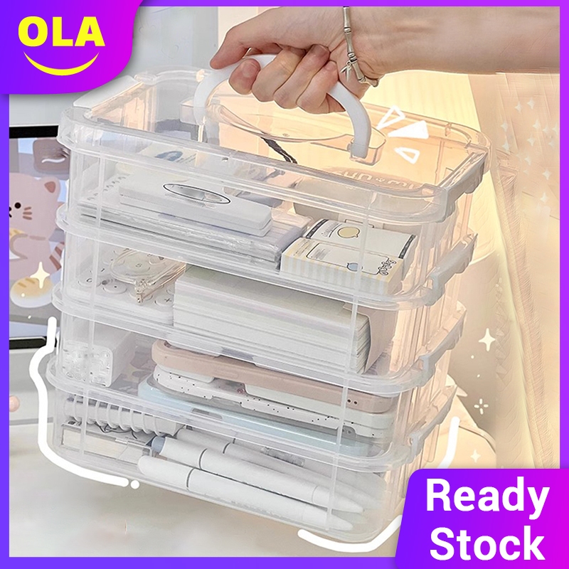 4 Layers Portable Storage Box Student Transparent Compartment Stacking ...