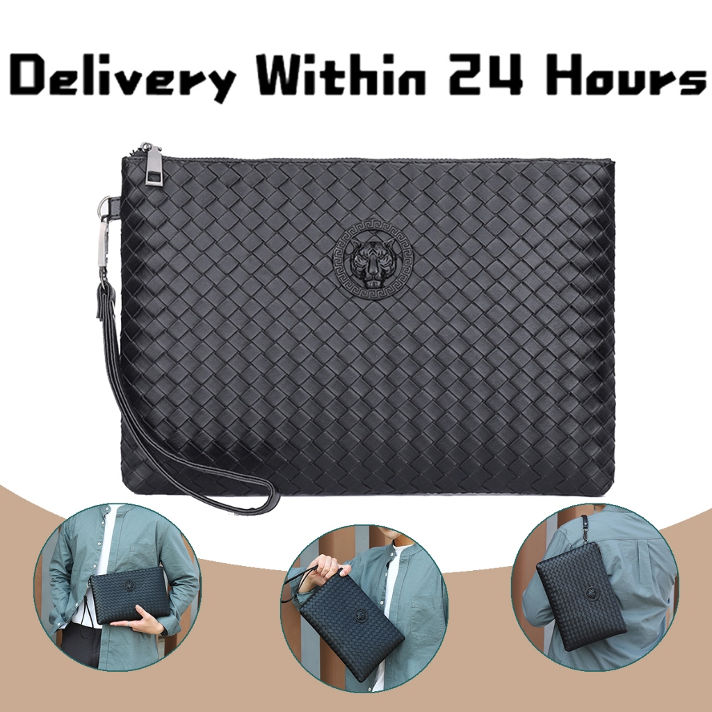 Men's Woven Clutch Bag Large Capacity Soft Leather Clutch Envelope Bag ...
