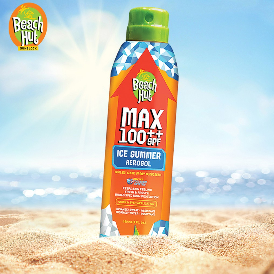 Beach Hut Sunblock MAX SPF 100 ++ Ice Summer Aerosol Sunscreen Body ...