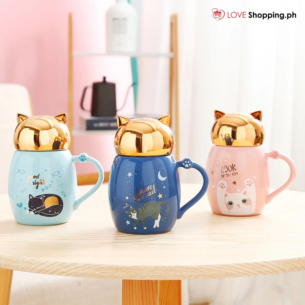 Cute Cat Ceramic Mug with Gold Cat-Shaped Screw Cap Cover - 300ml ...