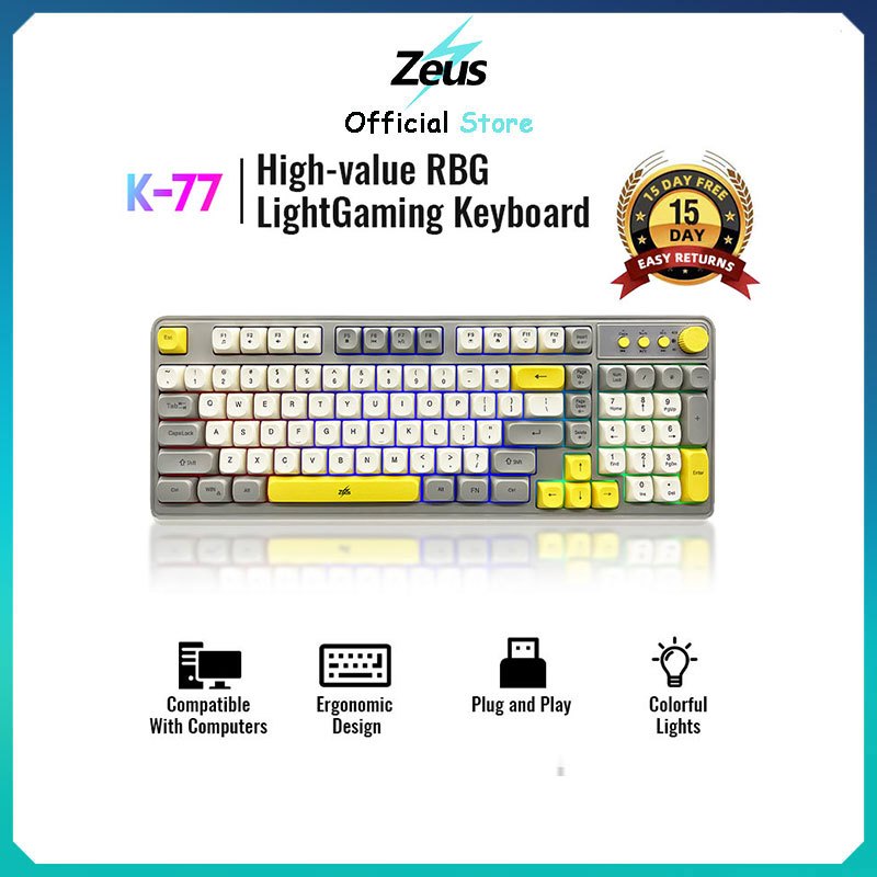 Zeus® K77 98 Keys Wired Gaming Keyboard USB Mechanical Feel With Volume Knob Control Media ...