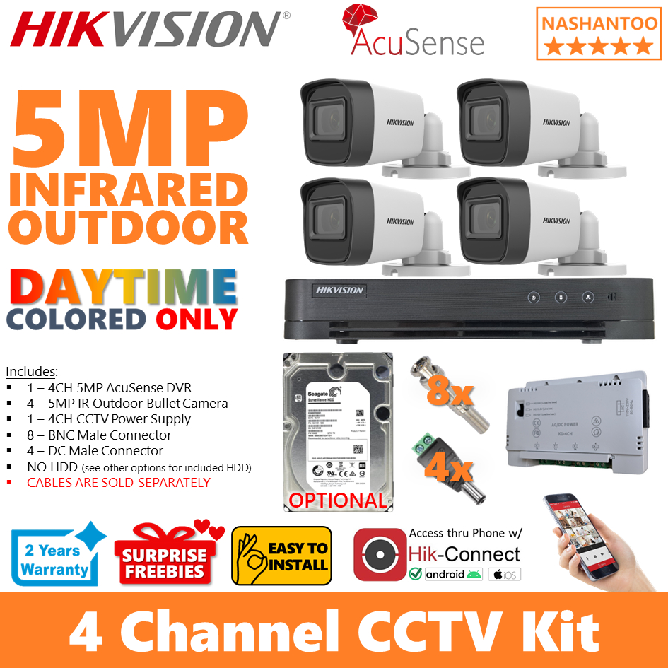 Hikvision 4Channel 5MP IR 4 Camera Outdoor 4CH DIY CCTV Package Kit 4 ...