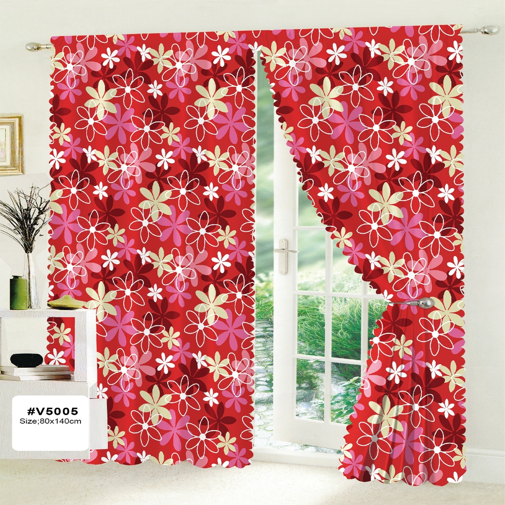 Red Flower Print Curtains Semi Cotton Butterfly Short Curtains Kurtina ...
