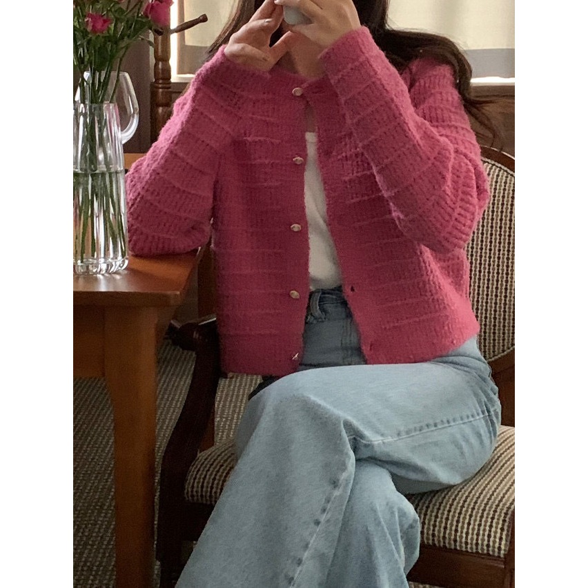 Jolly Chic Pearl Button Down Embossed Stripe Long Sleeve Woolen Knitted ...