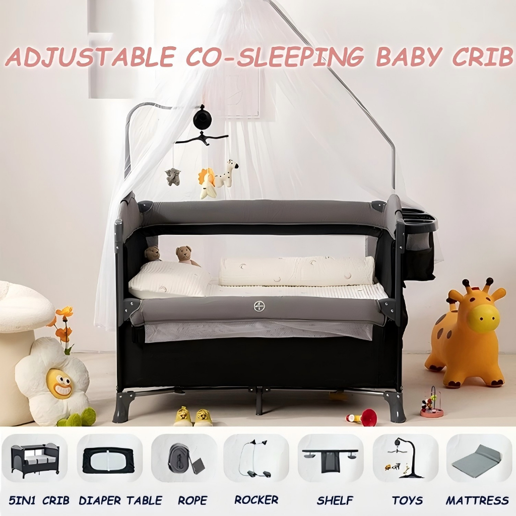 Baby Crib With Mosquito Net Multifunctional Foldable Baby Bed Set 5 in1 ...