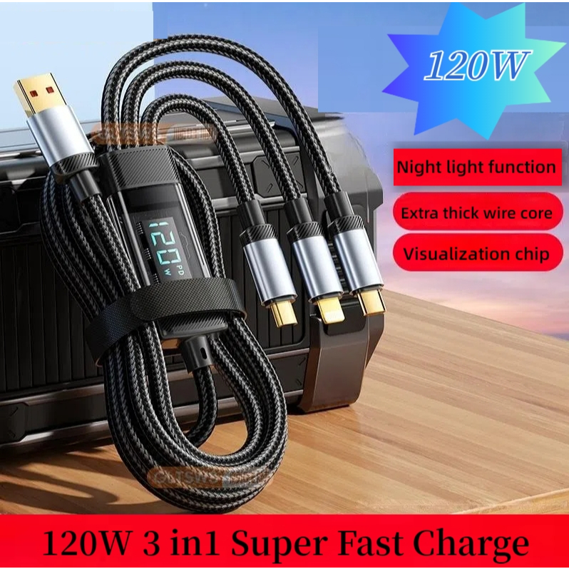 120W 3 in 1 Cable Fast Charging Cable 6A Micro USB Type C Fast Charger ...
