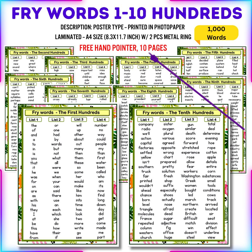 Reading Sight words Fry Words 1-10 hundreds educational laminated 10 ...