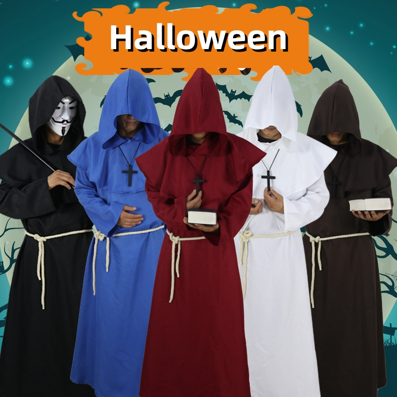 Medieval Monks Hooded Priest Robe Wizard Halloween Costume Adult ...