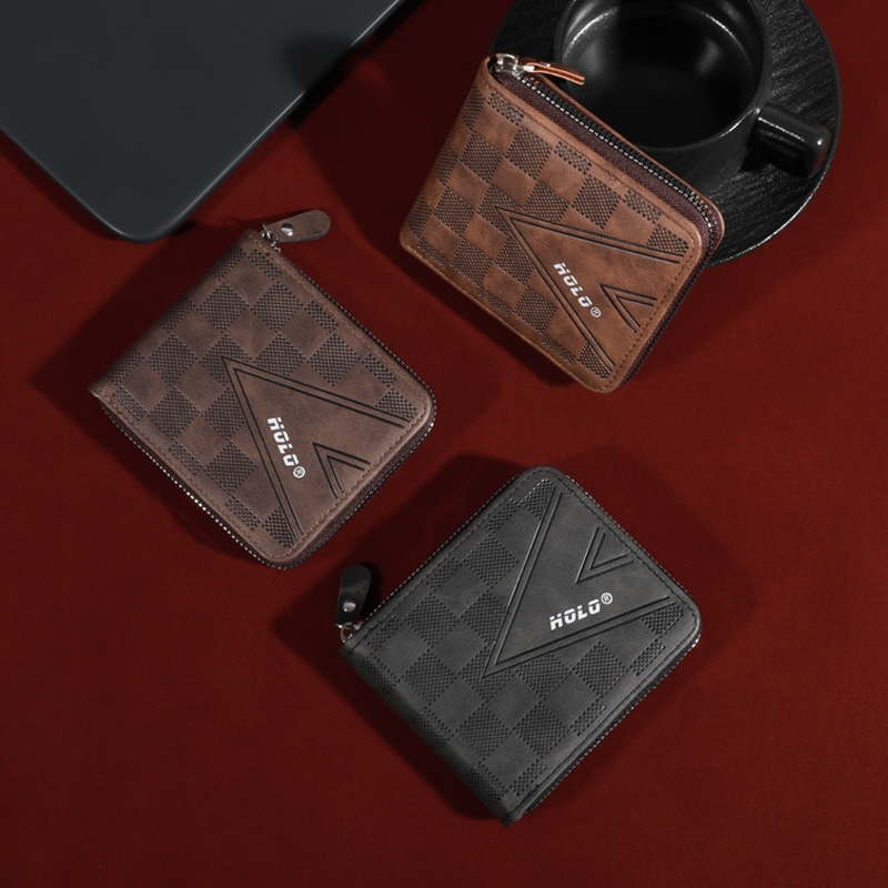 HOLO Men's Wallet Short Vintage Leather Tri-Fold Buckle Wallet Zipper ...