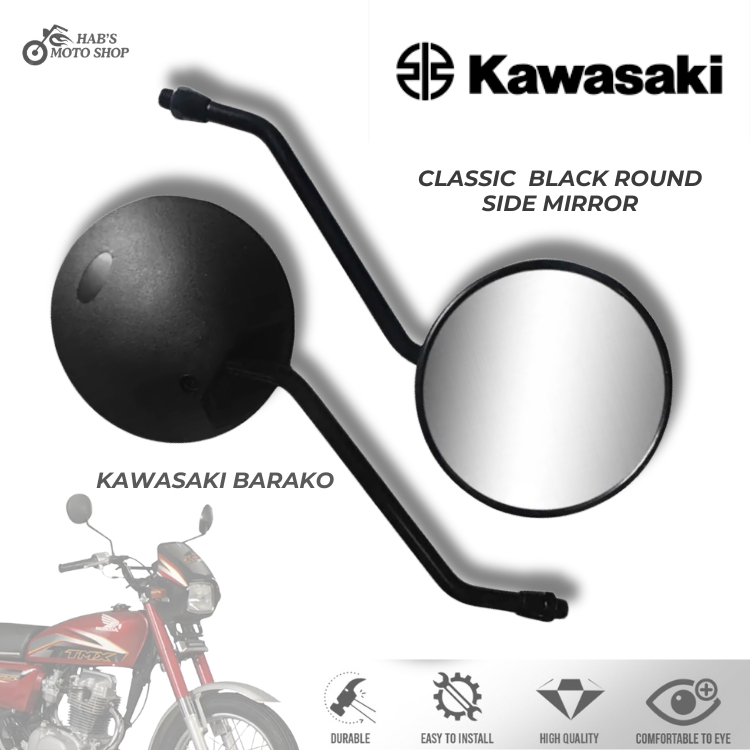 KAWASAKI BARAKO Classic Retro Style Black Round Side Mirror Motor Non ...