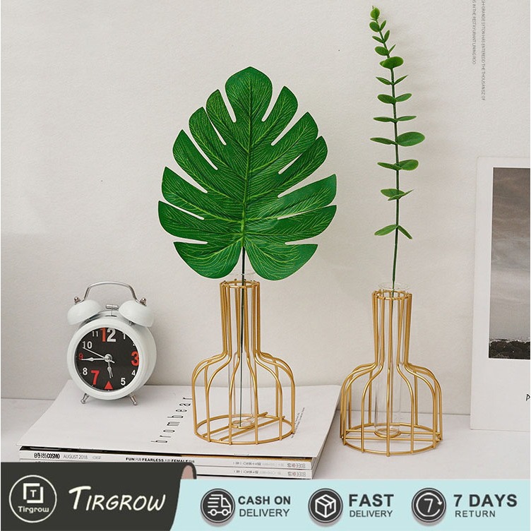Flower Vase Gold Iron Vase Transparent Glass Vase at Home Bedroom ...