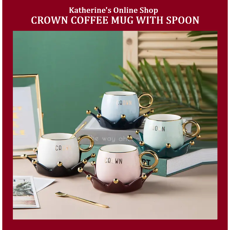 CROWN Coffee Mug Set Korean Style Ceramic Cup Large Capacity with cover ...