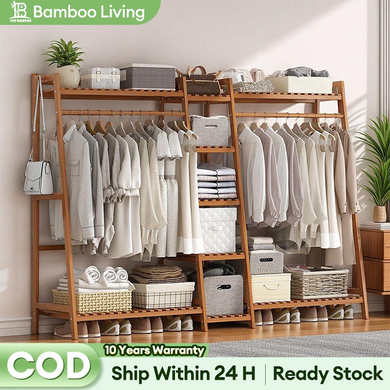Bamboo Combination Coat Rack Solid Wood Hanging Clothes Rack Drying ...
