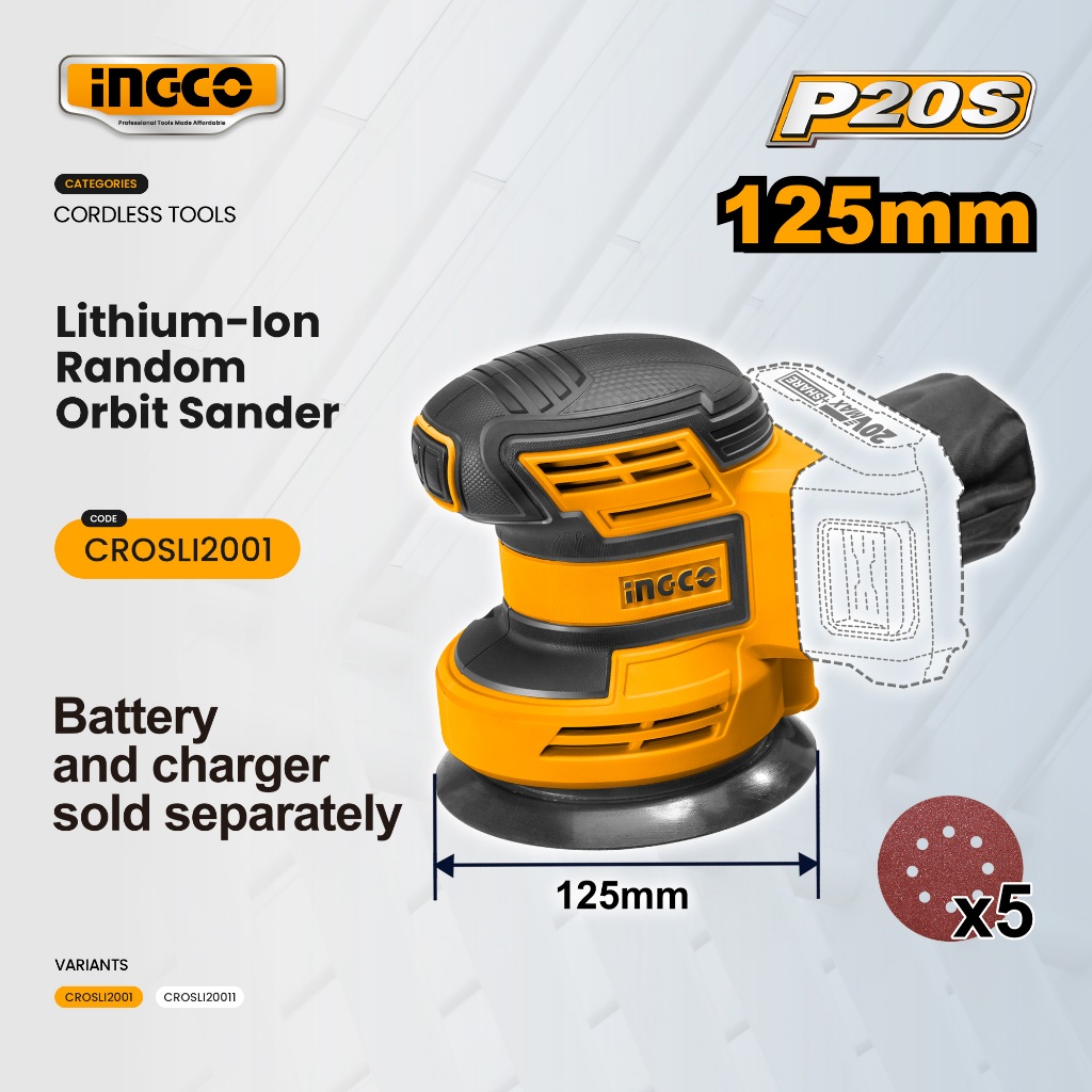 Ingco Lithium-Ion Cordless Random Orbital Sander 20V P20S for Wood ...