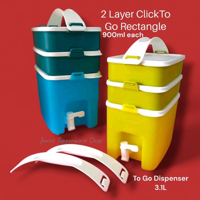 Tupperware 2 Layer Click To Go Rectangle and To Go Water Dispenser Set ...