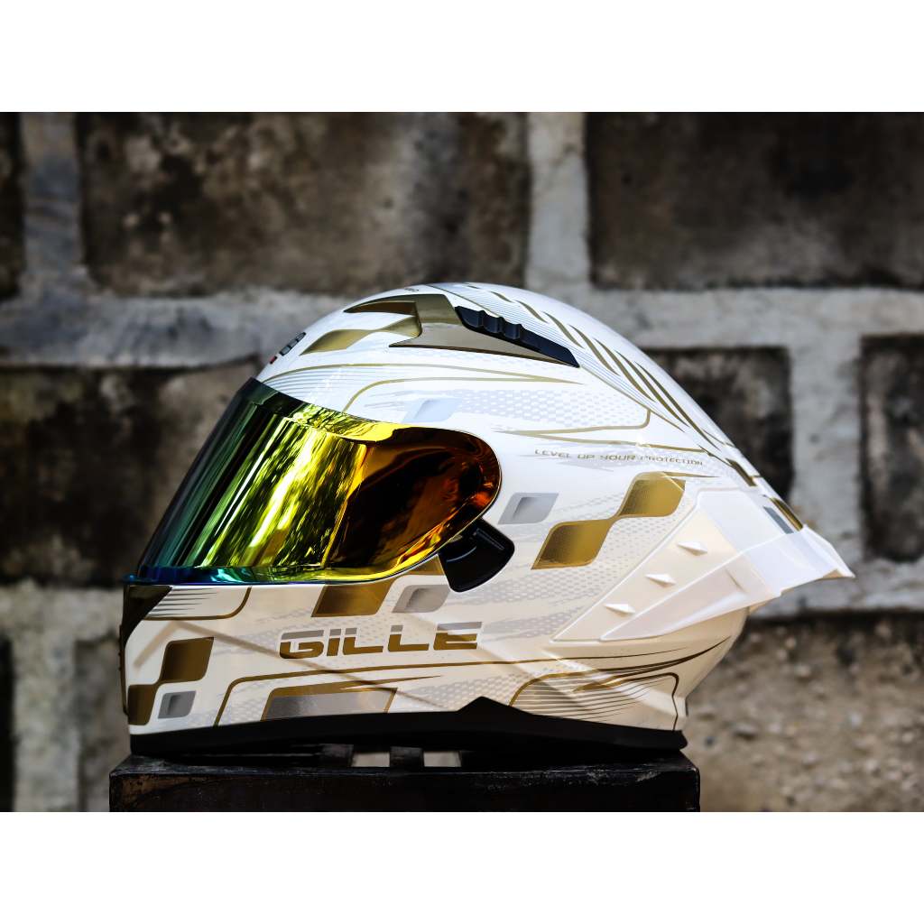 GILLE HELMET CIRCUIT RACER WHITE GOLDEN SILVER DUAL VISOR WITH FREE ...