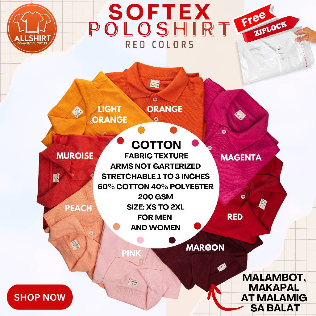 FREE ZIPLOCK! SOFTEX Polo Shirt COTTON RED COLORS Plain Unisex with ...