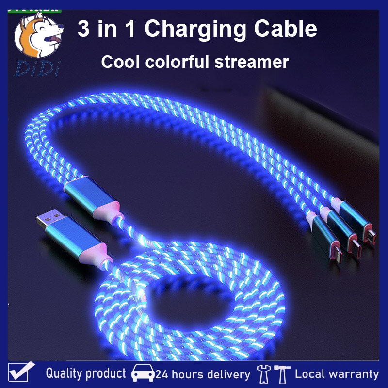 3 in 1 Colorful Streamer Charging Cable 2.4A 1 drag 3 Streamer Data ...