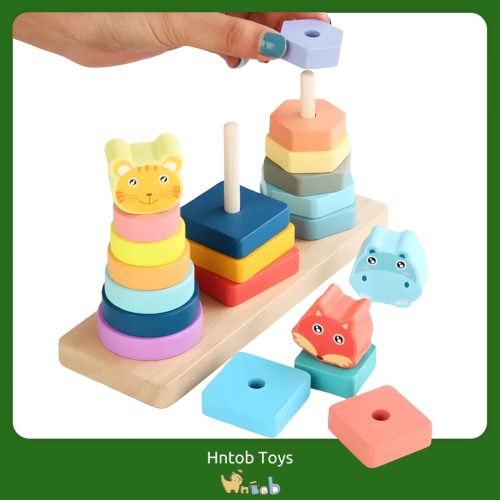 Hntob 3 in 1 Wooden Colorful Animal Tower Set of Pillars Toy ...