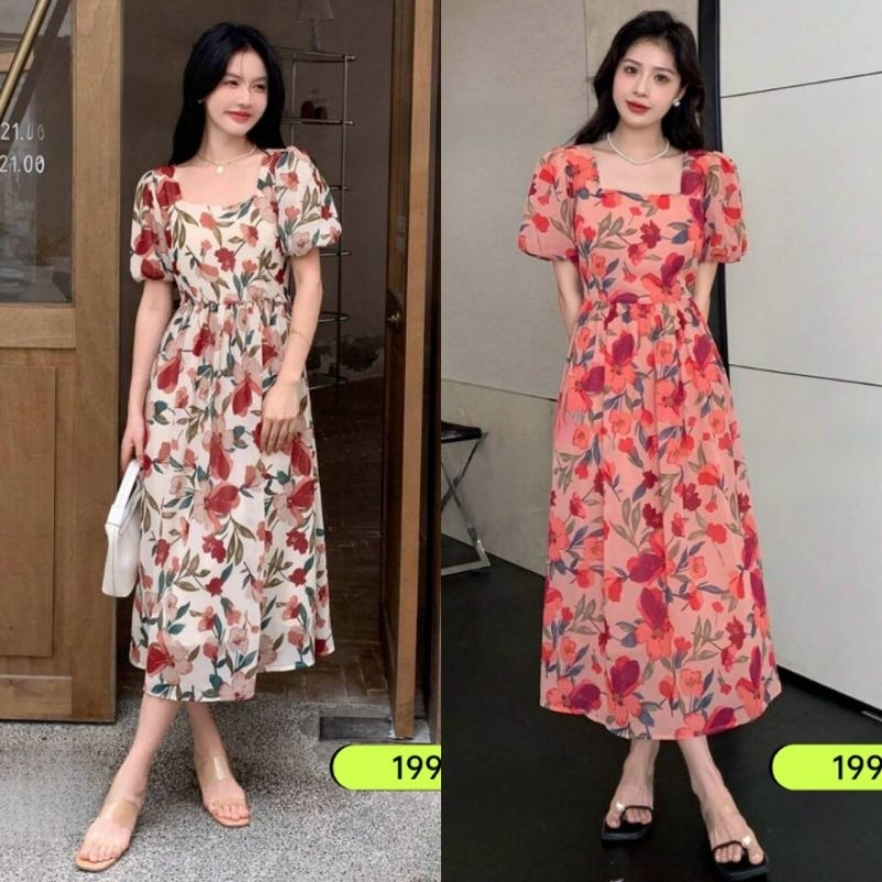 HQT FASHION # 1993 ELEGANT FLORAL SQURE NECK CASUAL MIDI DRESS | Shopee Philippines