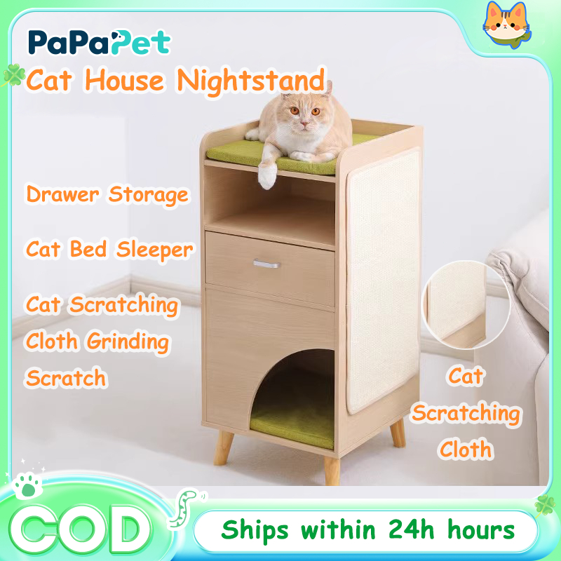 Cat House Bedside Table Cat Scratching Board Solid Wood Sturdy Cabinet ...