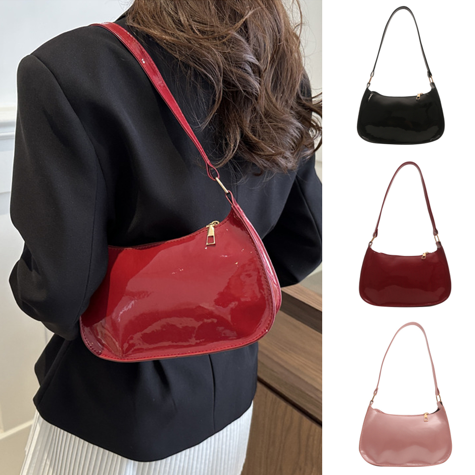Glossy Faux Patent Leather Shoulder Bag for Women Underarm Handbags ...