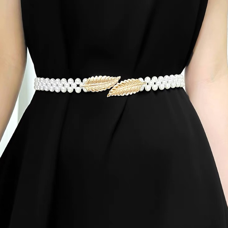 L23 Woman Hook Type Feather Pearl Thin Belt Dress Belt Versatile Casual ...