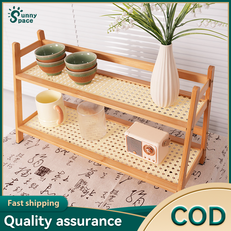 Storage Rack organizer Wooden Double-Layer Table Shelf Rattan Bedroom ...