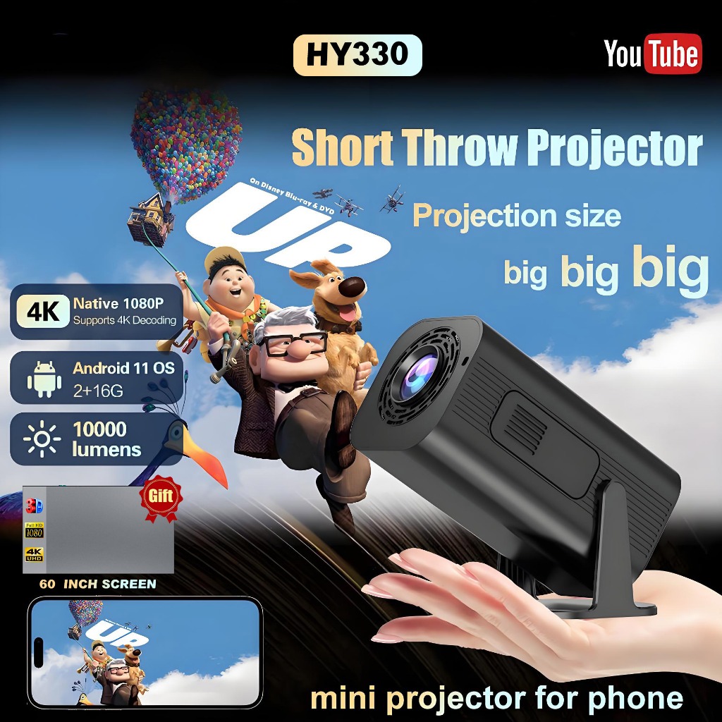 HY330 Short Throw Projector Portable Mini 4K Full HD 1080P Android 11.0 ...