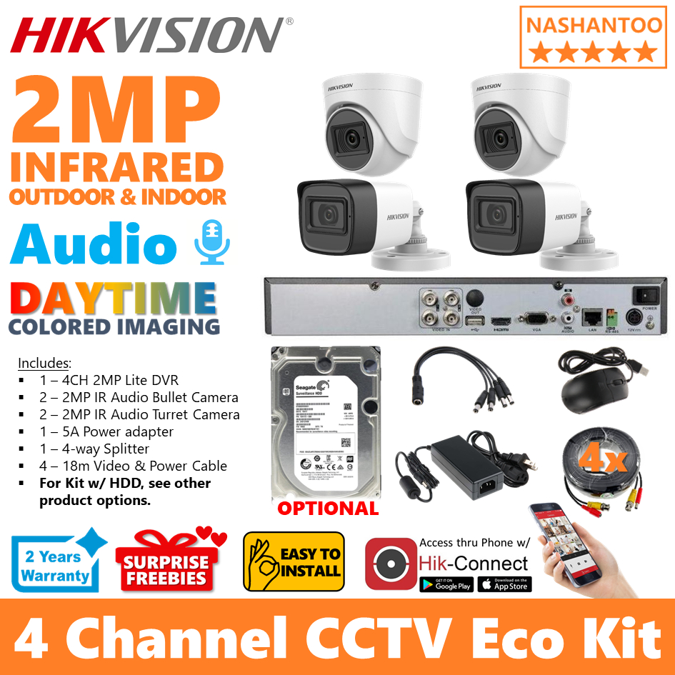 HIKVISION 4CH 2MP 4Cameras IR Audio ECO Package DIY CCTV Kit NASHANTOO ...