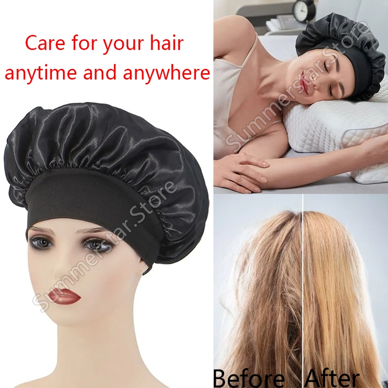 Newly Satin Night Hair Cap Women's Solid Sleeping Hat Sleep Care Bonnet ...