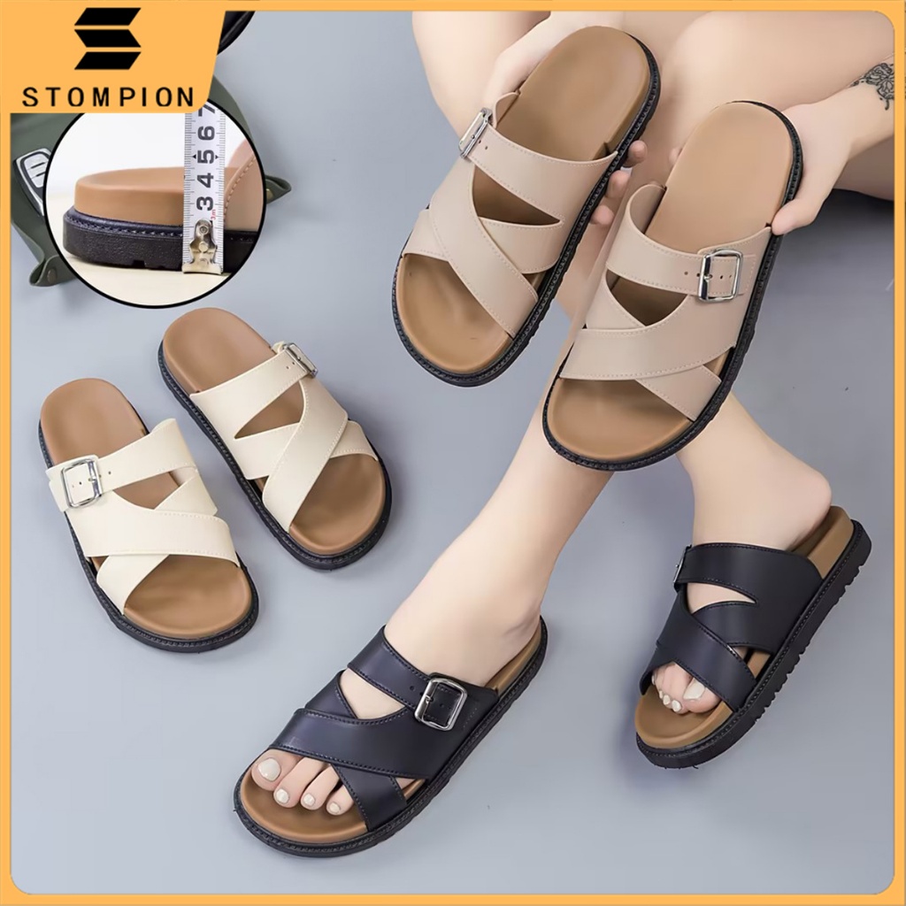 STOMPION Flat Sandal With Cross Strap Korean Sandals For Woman Slippers For Women Casual Fashion ...