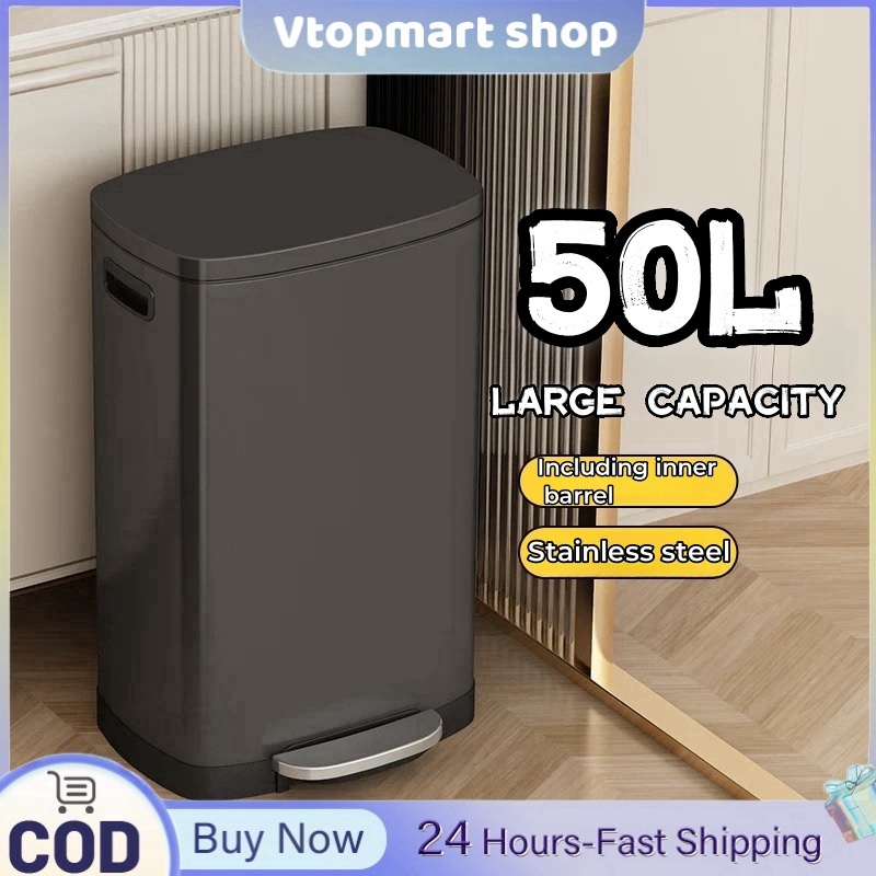 50L garbage bin cover stainless steel dust bin big kitchen pedal step ...