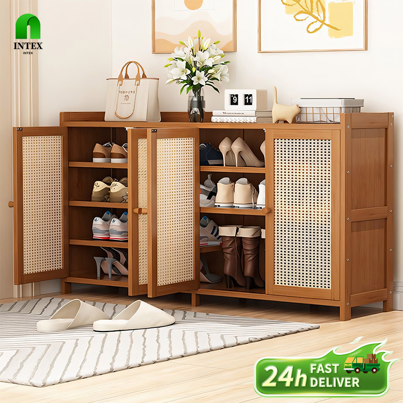 INTEX 5 Layers Shoe Cabinet Wooden Door With Cover Rattan Shoe Rack ...