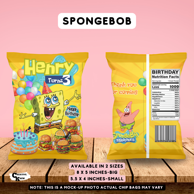 Sponge Bob Chip Bags Party Loot Bag Personalize Name Glossy Photopaper ...
