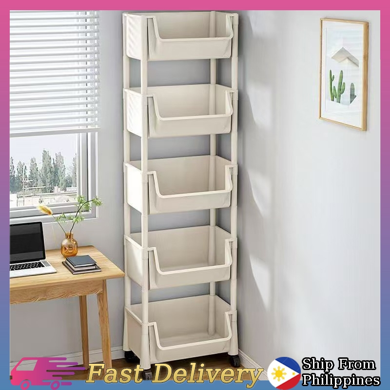 5-Tier Mobile Bookshelf Rolling Bookcase Book Storage Rack Home Study ...
